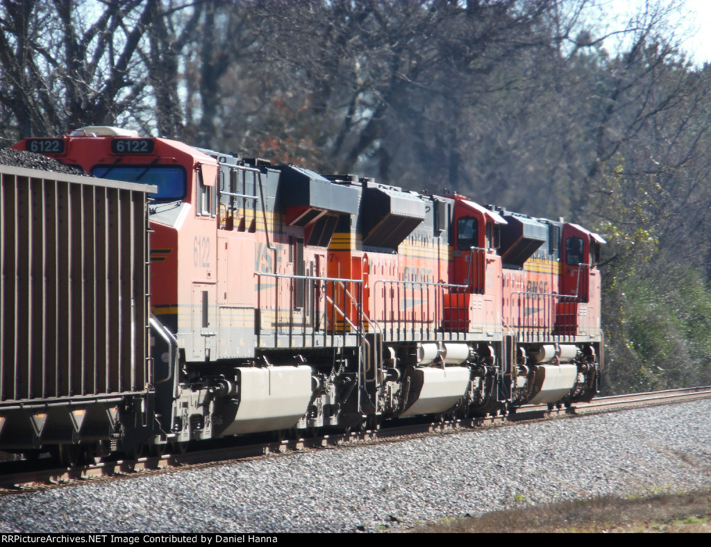 BNSF 9231, 8597, and 6122 muscle a 18000+ ton coal drag eastward